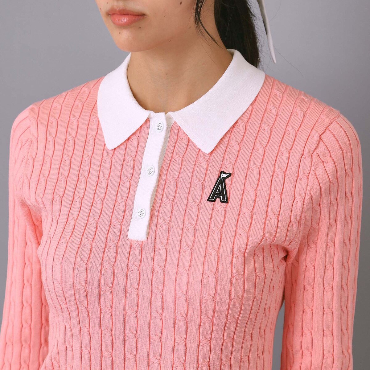 ケーブルニットクレリック長袖ポロシャツ レディス(長袖シャツ